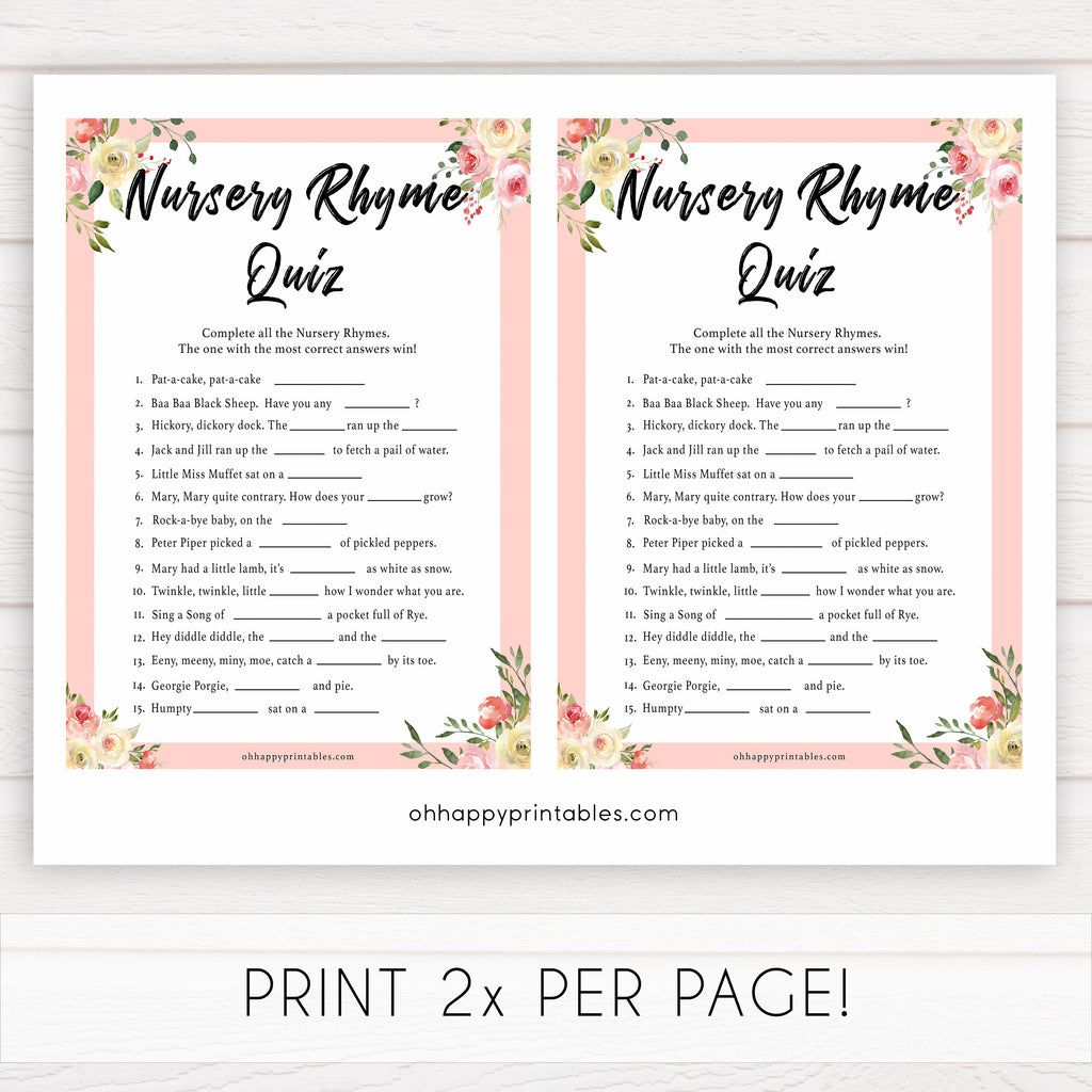 Nursery Rhyme Quiz Game - Spring Floral Printable Baby Shower Games ...