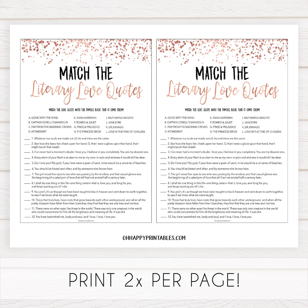 Literary Love Quotes Game | Shop Printable Rose Gold Bridal Shower ...