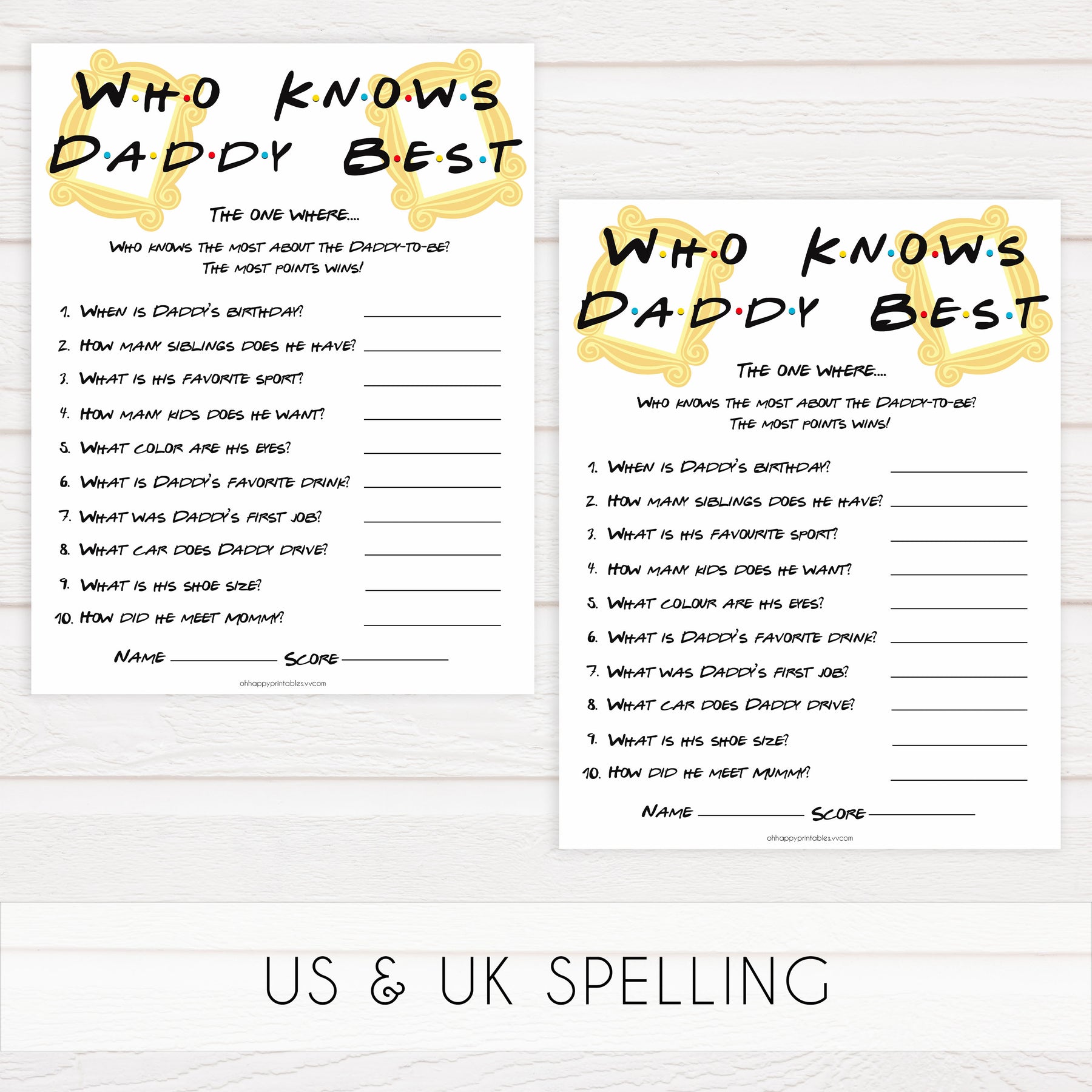 Who Knows Daddy Best Game - Friends Printable Baby Shower Games ...