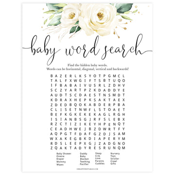 Baby Word Search - Printable White Floral Baby Shower Games ...