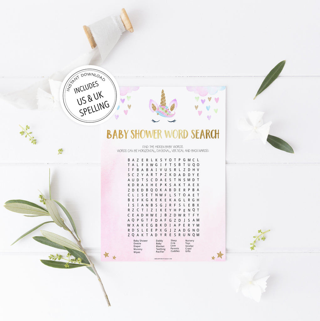 Baby Word Search - Printable Unicorn Baby Shower Games – OhHappyPrintables