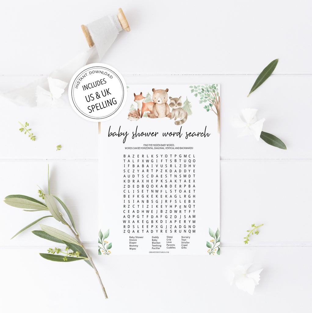 Baby Word Search - Printable Woodland Animals Baby Shower Games ...