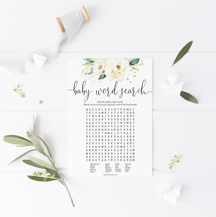 Baby Word Search - Printable White Floral Baby Shower Games ...