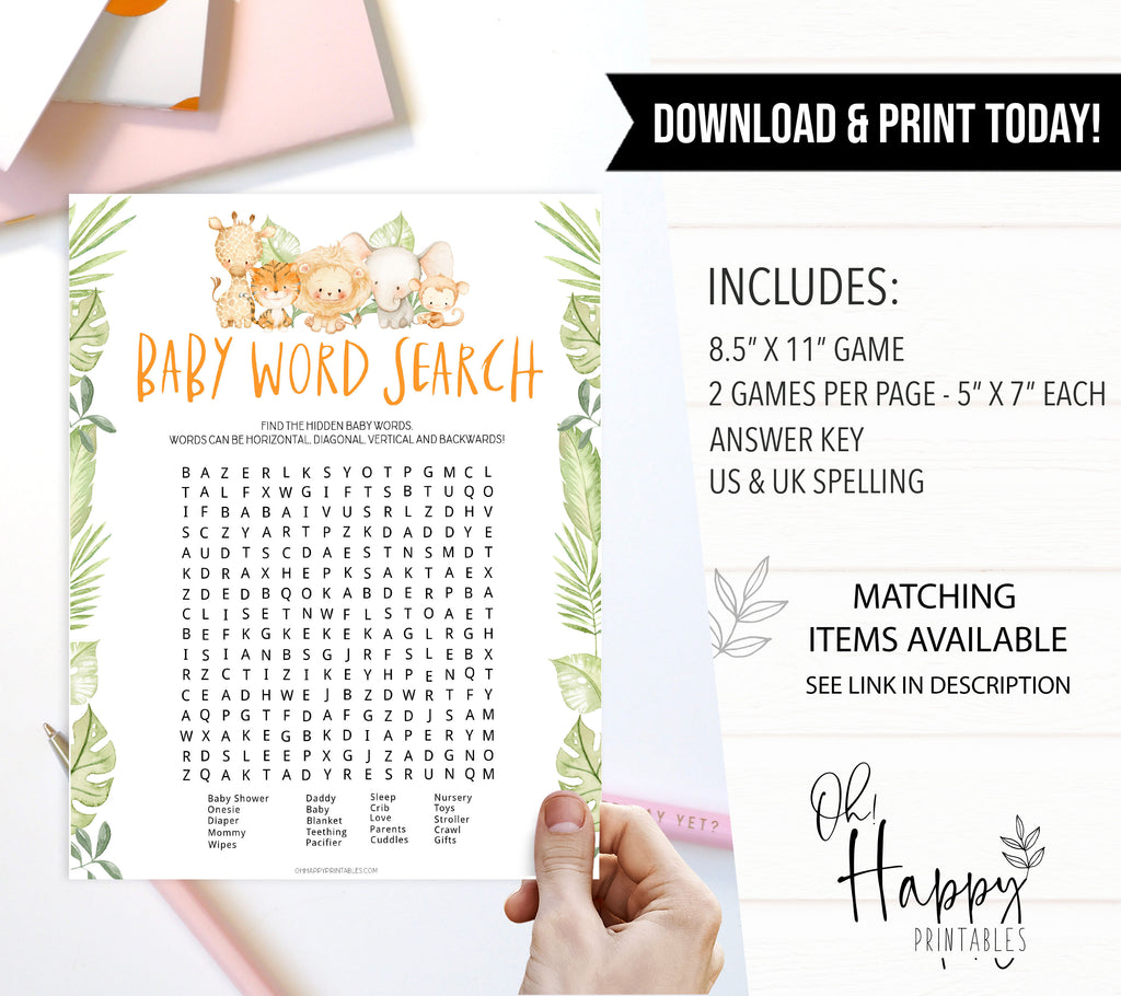 Baby Word Search - Printable Safari Animals Baby Shower Games ...