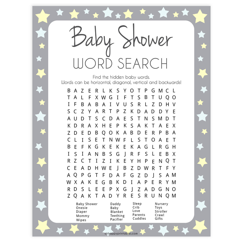 Baby Word Search - Printable Gold & Yellow Stars Baby Games ...