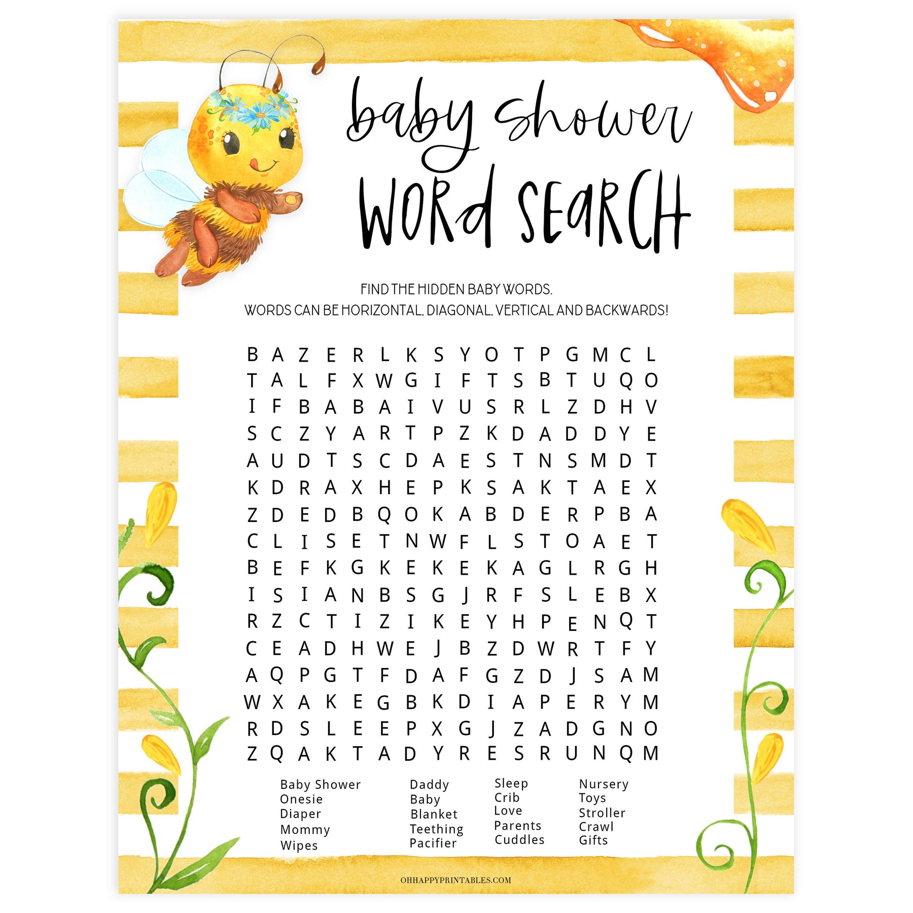 Baby Word Search - Printable Mommy To BEE Baby Shower Games ...