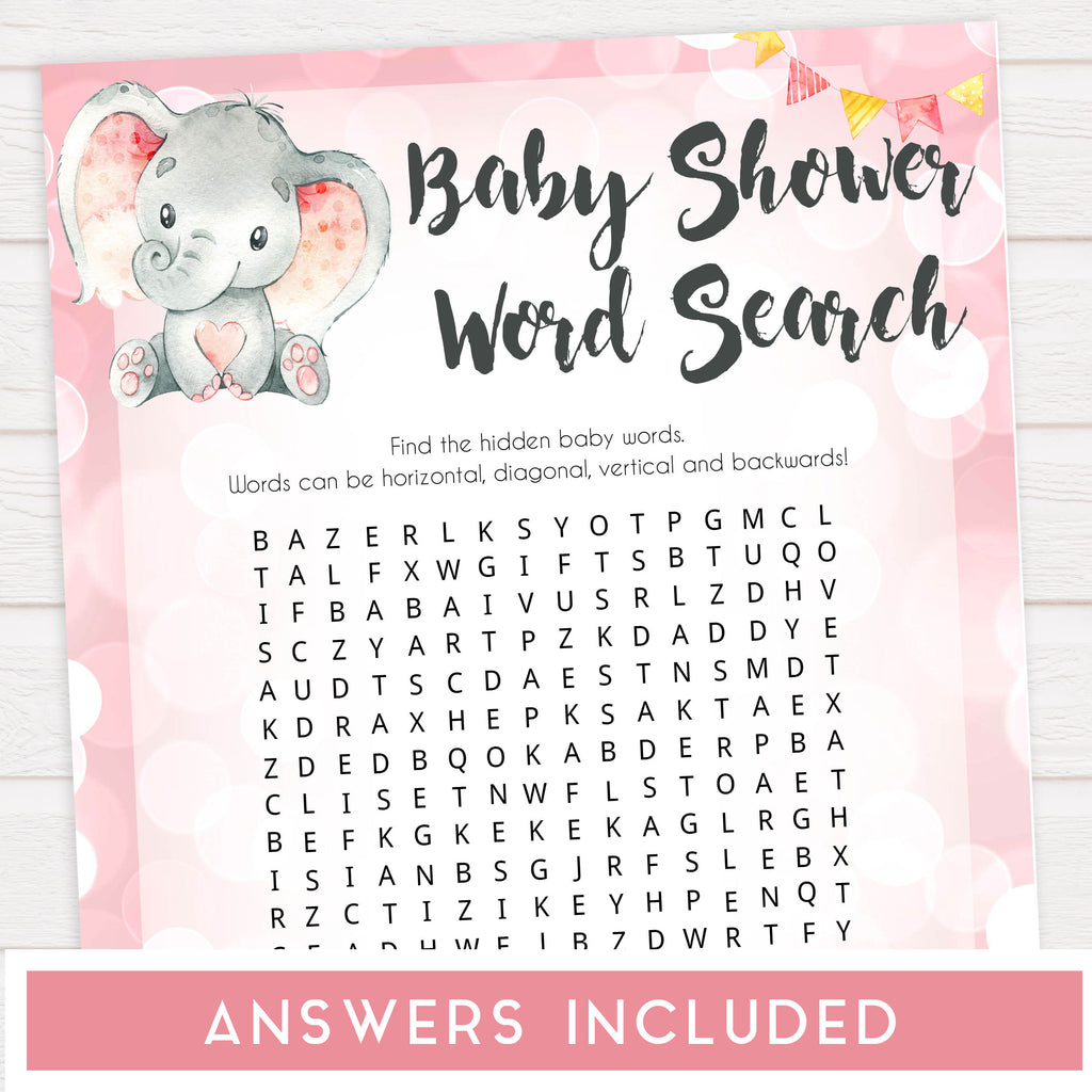 Baby Word Search - Printable Pink Elephant Baby Shower Games ...