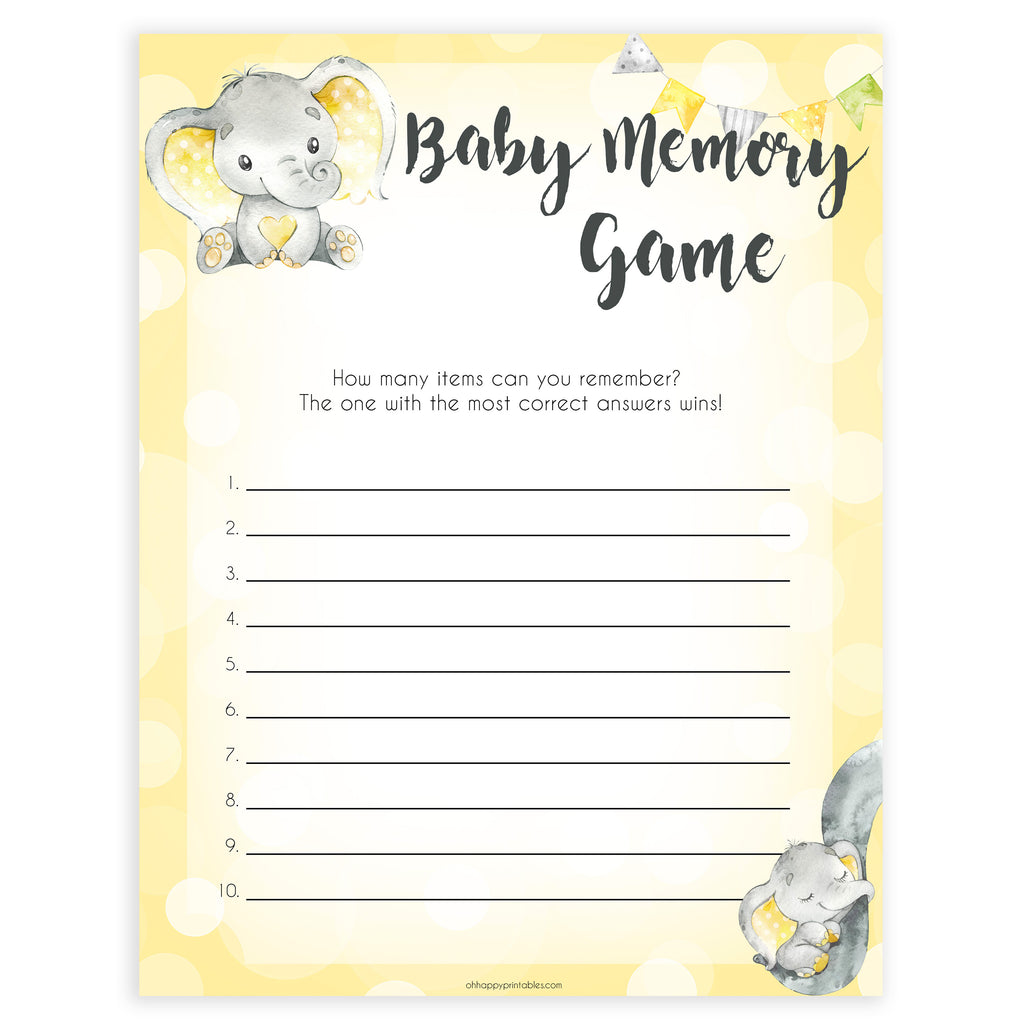 Baby Memory Game - Yellow Elephants Printable Baby Shower Games ...