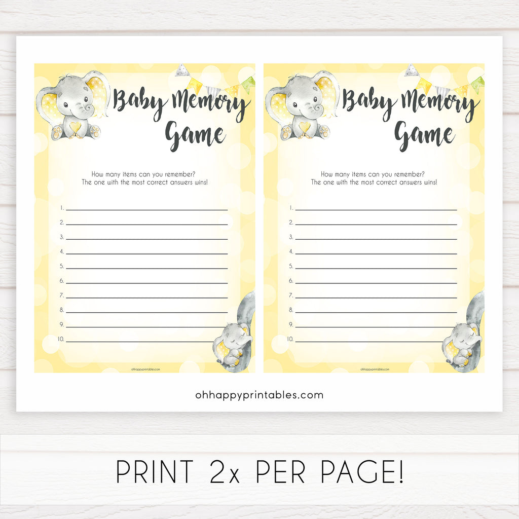 Baby Memory Game - Yellow Elephants Printable Baby Shower Games ...