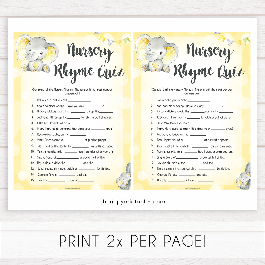 Nursery Rhyme Quiz Game - Yellow Elephants Printable Baby Games ...