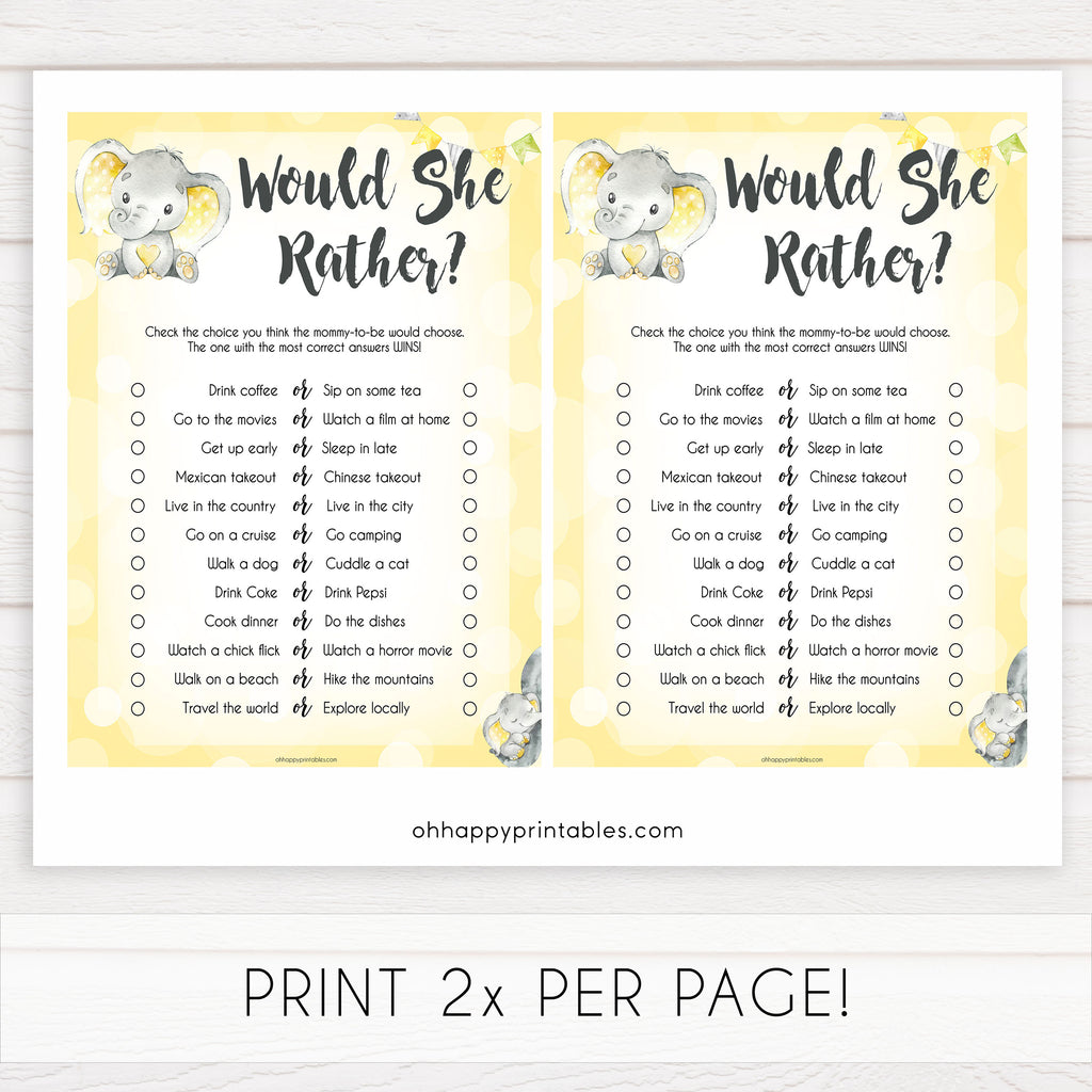 Would She Rather - Printable Yellow Elephants Baby Shower Games ...