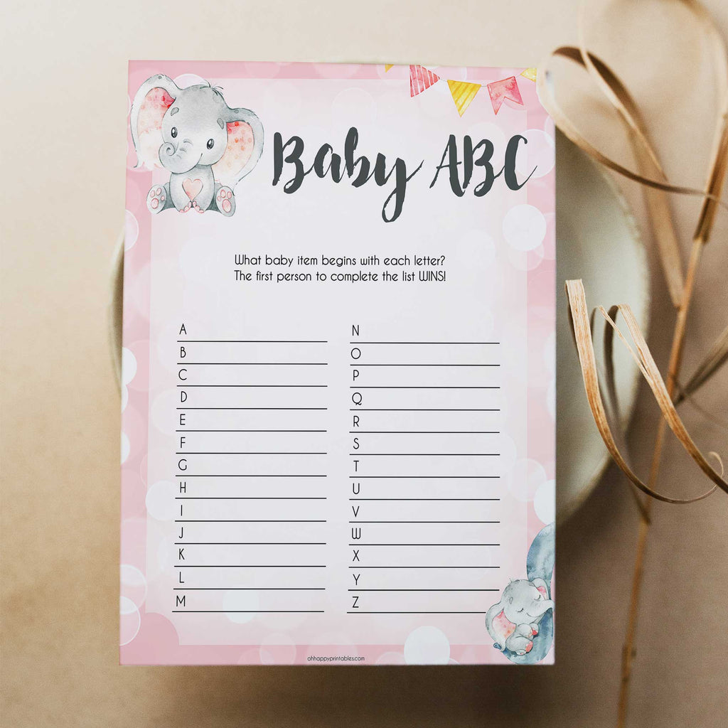 Baby ABC Game - Printable Pink Elephant Baby Shower Games ...