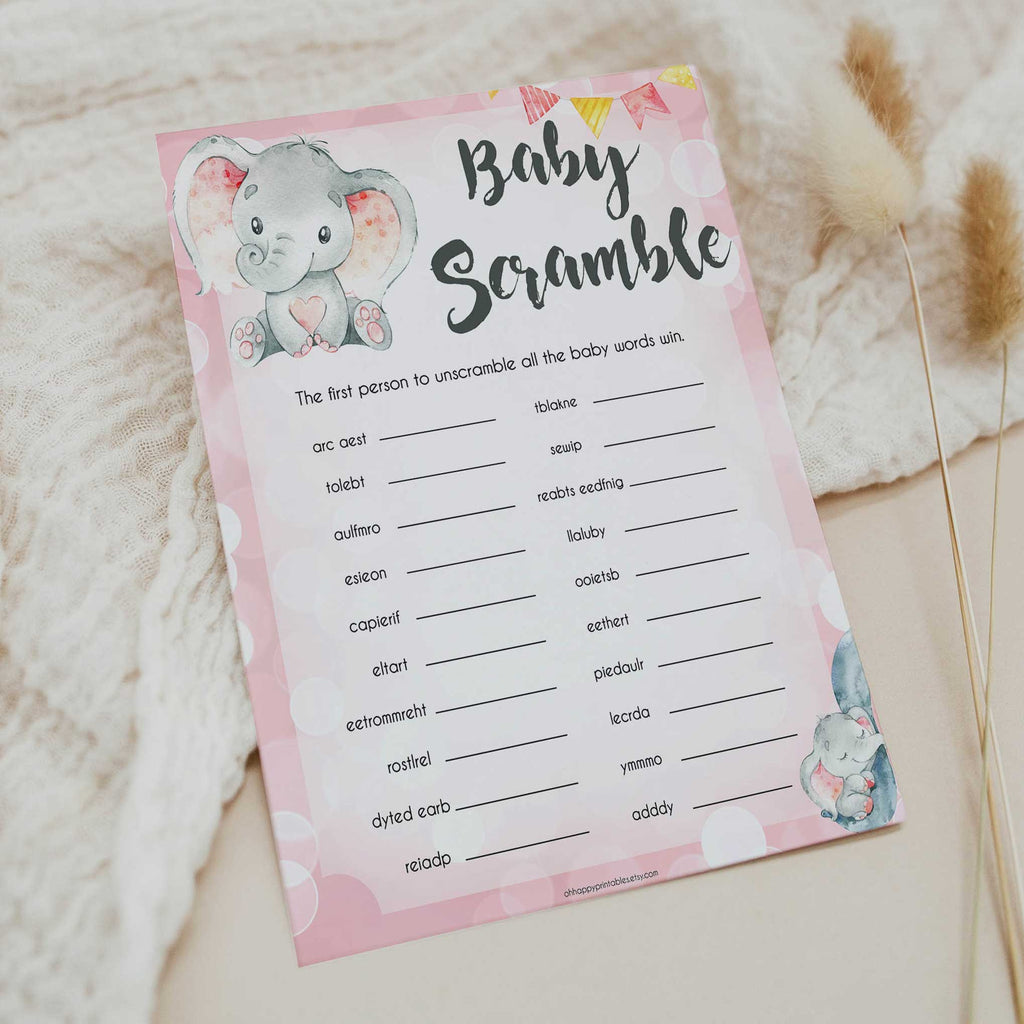 Baby Shower Word Scramble - Pink Elephant Printable Baby Shower Games ...