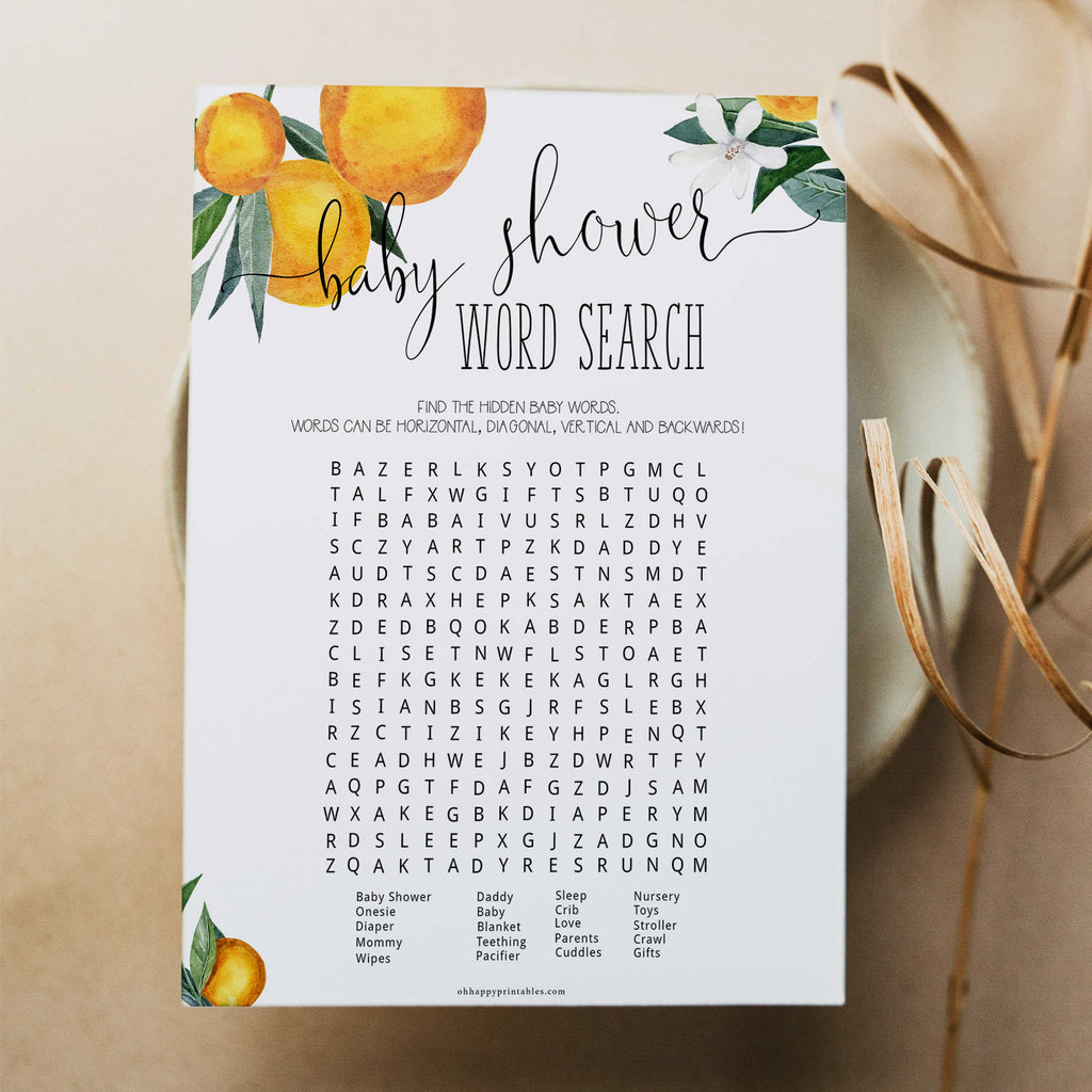 Baby Word Search - Printable Citrus Orange Baby Shower Games ...