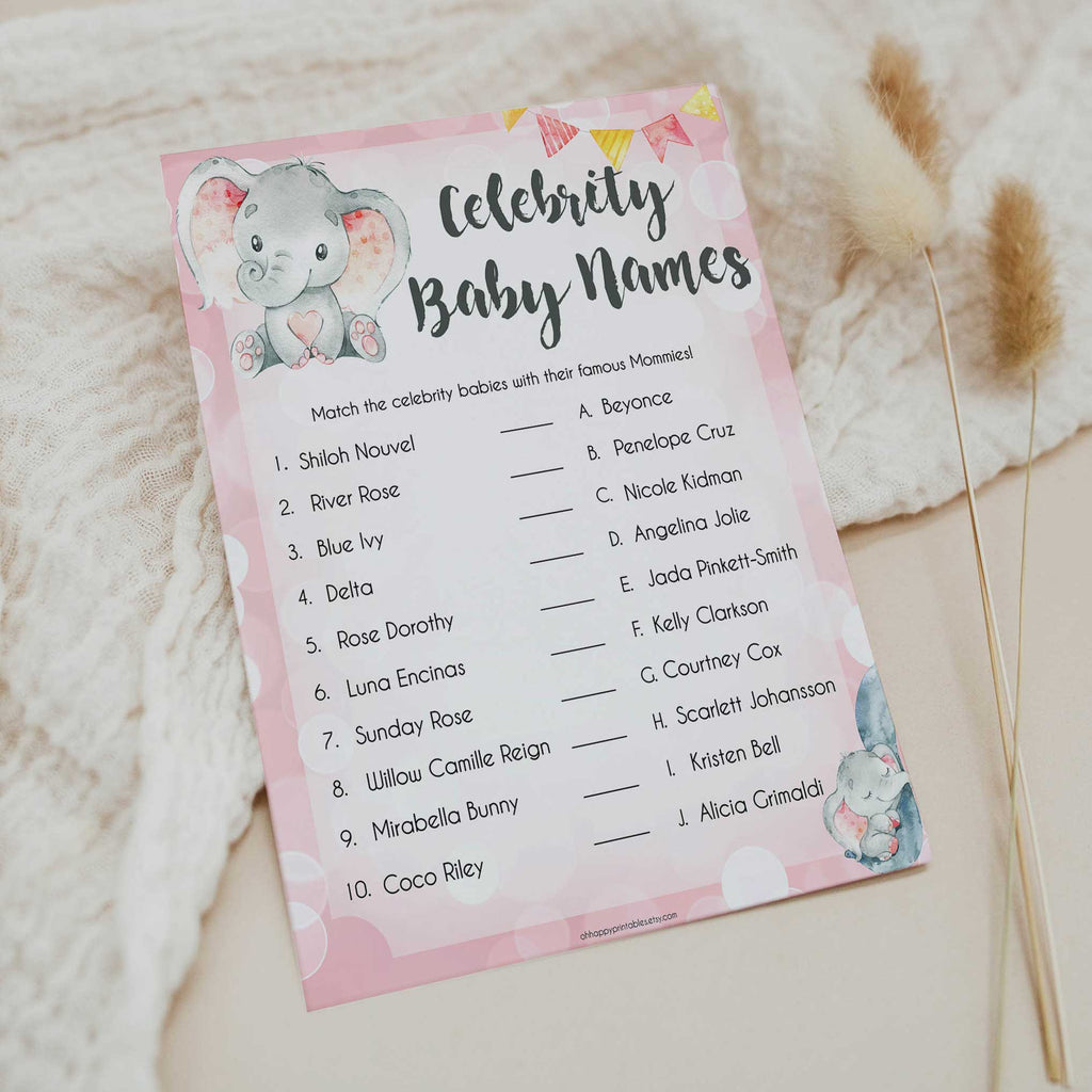 Match The Celebrity Baby Names - Pink Elephant Printable Baby Shower ...