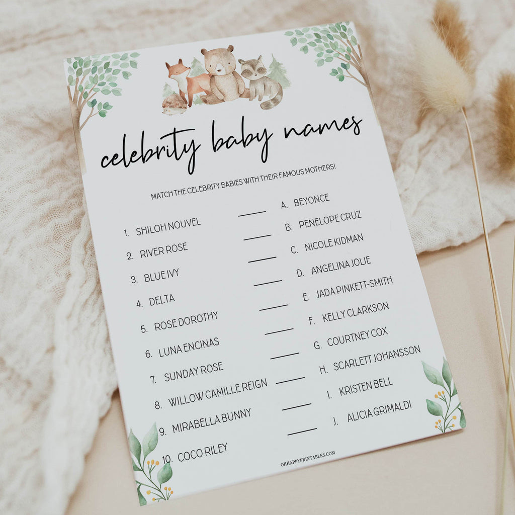 Celebrity Baby Names - Woodland Animals Printable Baby Shower Games ...