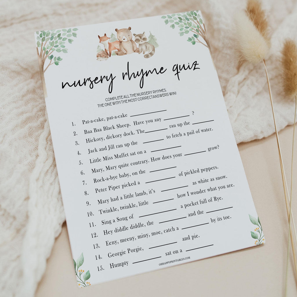 Nursery Rhyme Quiz Game - Woodland Animals Printable Baby Shower Games ...