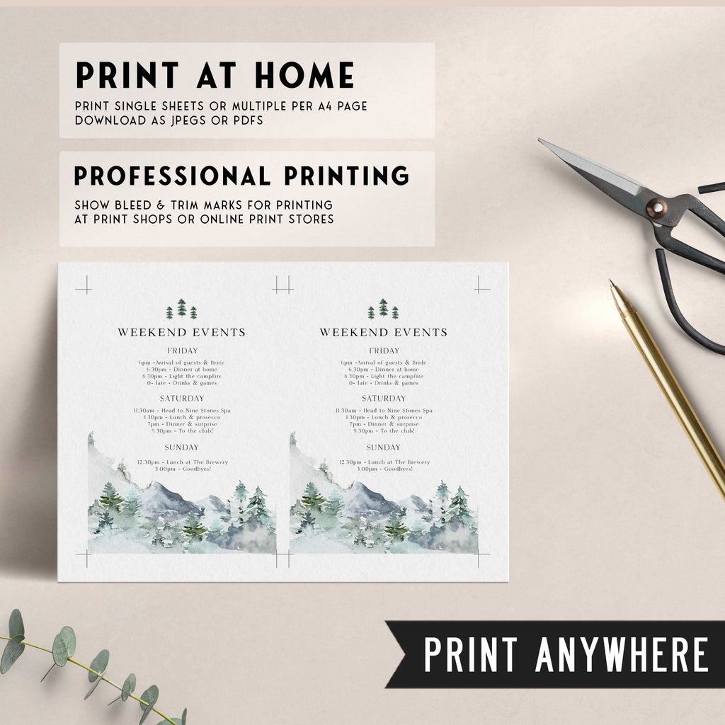 EDITABLE Mountains Itinerary | Oregon Bridal Shower Collection ...