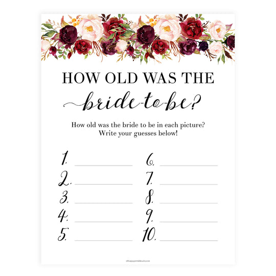 How Old was the Bride Game | Shop Printable Bridal Shower Games ...