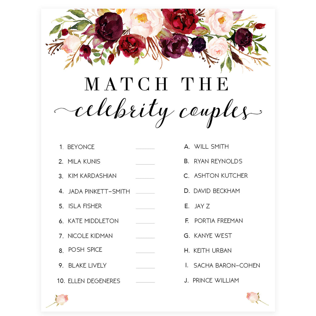 Match Celebrity Couples Game | Shop Printable Bridal Shower Games ...