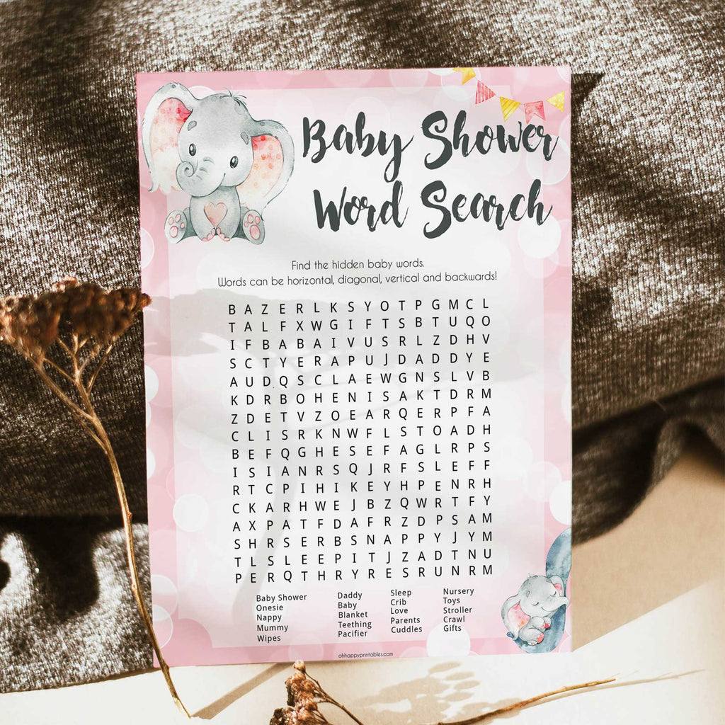 Baby Word Search - Printable Pink Elephant Baby Shower Games ...