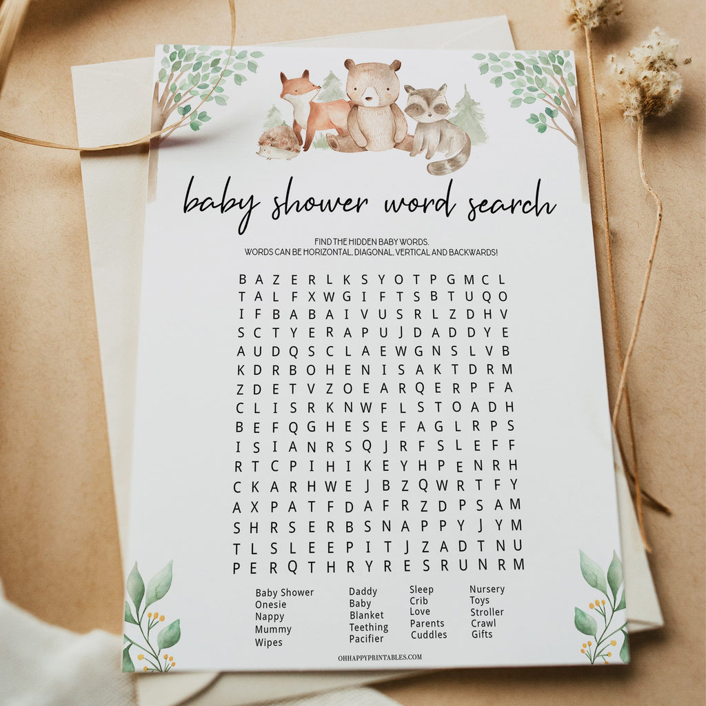 Baby Word Search - Printable Woodland Animals Baby Shower Games ...
